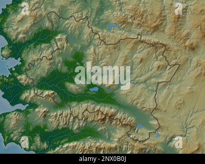 Manisa, province of Turkiye. Colored elevation map with lakes and ...