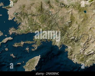 Mugla, province of Turkiye. Low resolution satellite map. Locations of ...