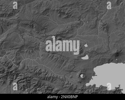 Mus, province of Turkiye. Grayscale elevation map with lakes and rivers ...