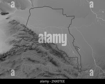 Ahal, province of Turkmenistan. Grayscale elevation map with lakes and ...