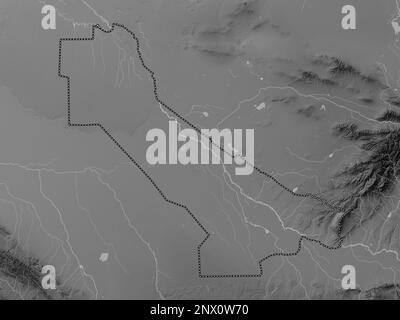 Chardzhou, province of Turkmenistan. Grayscale elevation map with lakes ...