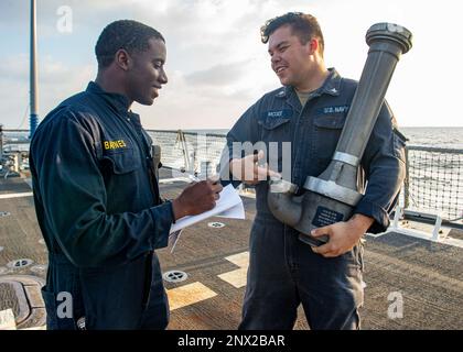 230215-N-NH267-1175 ARABIAN SEA (Feb. 15, 2023) Lt. j.g. Cedric Barnes ...