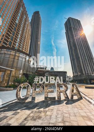 Dubai Opera house Sign in Downtown Dubai, surrounded by skyscrapers and ...