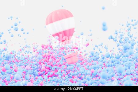 Cartoon hot balloon with colorful spheres background, 3d rendering ...