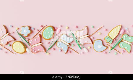 Easter butterfly gingerbread cookies with egg candies on pink ...