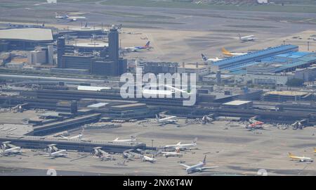 An aerial photo shows Narita International Airport (NRT) in Narita City ...