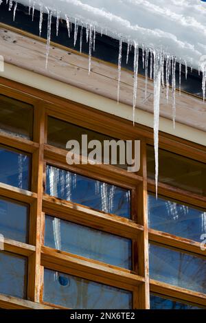 Ice icicles in a building at the Panticosa Spa in the Spanish Pyrenees ...