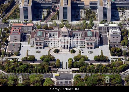 An aerial photo shows the National Diet Building in Tokyo on April 9 ...