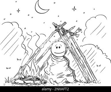 Survival in Wilderness, Shed in Nature , Vector Cartoon Stick Figure ...