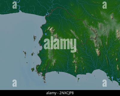 Chon Buri, province of Thailand. Colored elevation map with lakes and rivers. Locations and ...