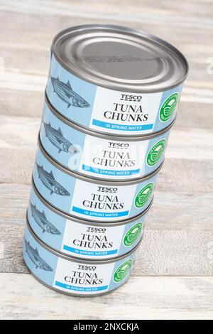 Cans of tinned Tesco Tuna chunks on a kitchen table. For UK food ...