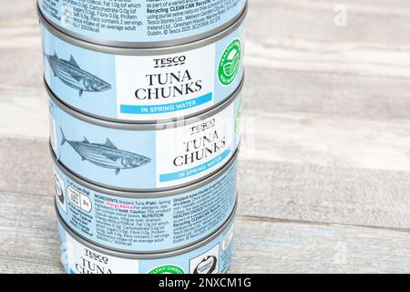Cans of tinned Tesco Tuna chunks on a kitchen table. For UK food ...