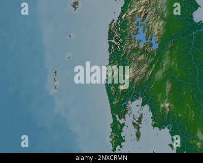 Phang Nga, province of Thailand. Colored elevation map with lakes and ...