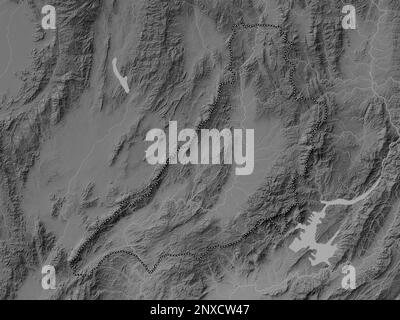 Phrae, province of Thailand. Grayscale elevation map with lakes and ...