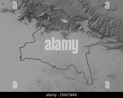 Prachin Buri, province of Thailand. Grayscale elevation map with lakes ...
