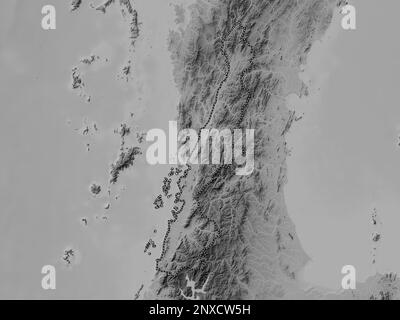 Ranong, province of Thailand. Grayscale elevation map with lakes and ...
