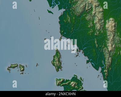 Satun, province of Thailand. Colored elevation map with lakes and ...