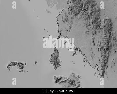 Satun, province of Thailand. Grayscale elevation map with lakes and ...