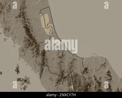 Songkhla, province of Thailand. Colored elevation map with lakes and ...