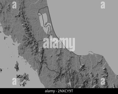 Songkhla, province of Thailand. Bilevel elevation map with lakes and ...