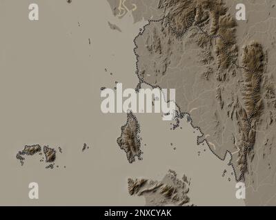 Satun, province of Thailand. Colored elevation map with lakes and ...