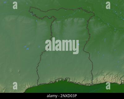 Surin, province of Thailand. Colored elevation map with lakes and ...