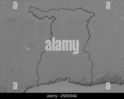 Surin, province of Thailand. Grayscale elevation map with lakes and ...
