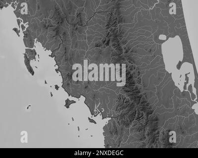 Trang, province of Thailand. Grayscale elevation map with lakes and ...
