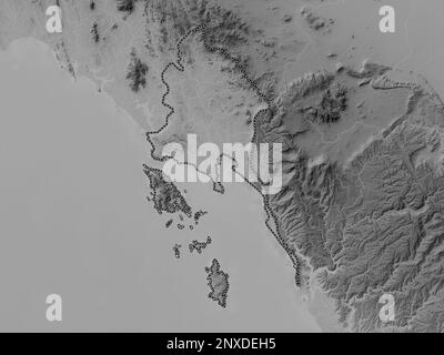 Trat, province of Thailand. Grayscale elevation map with lakes and ...
