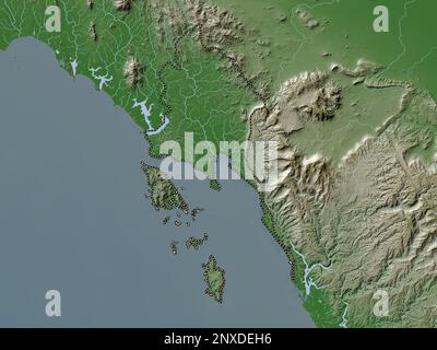 Trat, province of Thailand. Colored elevation map with lakes and rivers ...