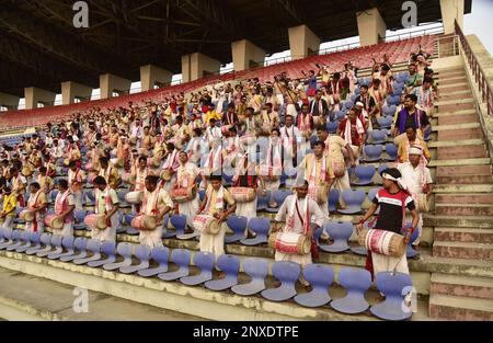 Guwahati, Guwahati, India. 1st Mar, 2023. Bihu dancer ( dhulia )plays ...