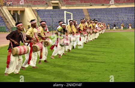 Guwahati, Guwahati, India. 1st Mar, 2023. Bihu dancer ( dhulia )plays ...