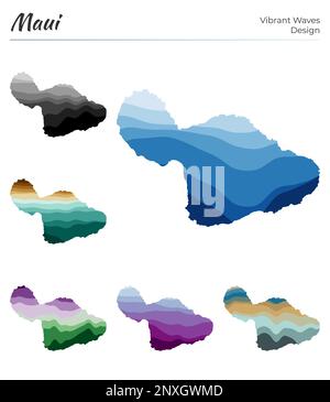 Maui map design. Shape of the island with beautiful geometric waves and ...