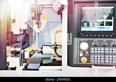 Automatic Lathe CNC longitudinal turning with control panel Stock Photo ...