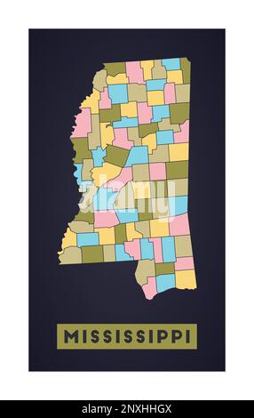 Mississippi map. Poster with map of the US state in retro color palette ...