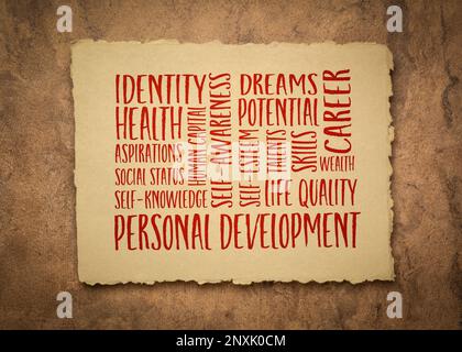 personal development word cloud on an art paper, inspirational self ...
