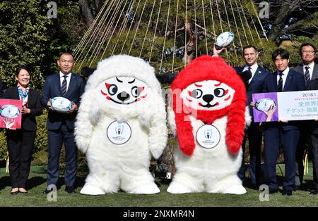 The official mascot characters of the 2019 Rugby World Cup "REN" (L ...