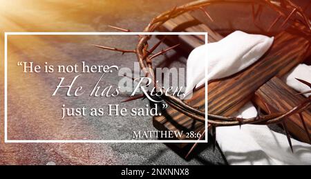 Text HE IS NOT HERE. HE IS RISEN, JUST AS HE SAID with crown of thorns ...
