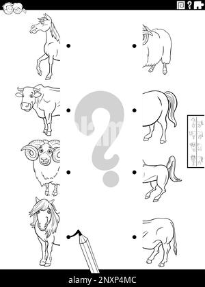 Black and white farm matching activity with animals, food. Country ...
