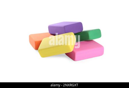 Pile of bright erasers on white background Stock Photo - Alamy