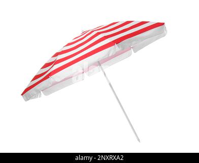 Open red striped beach umbrella isolated on white Stock Photo - Alamy