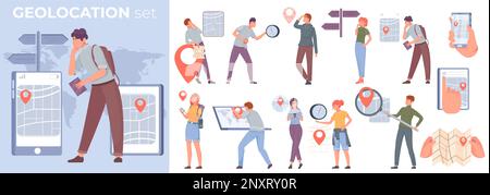 Geolocation flat set with people using online and paper maps isolated ...