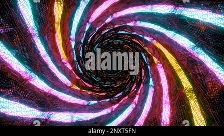 Rotating cyber tunnel with neon lines. Design. Rotating spiral of neon lines in tunnel. Movement ...