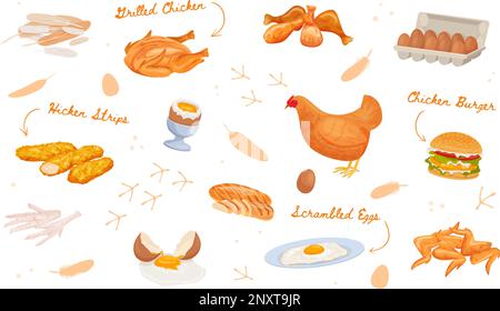 Chicken products flat composition with set of isolated poultry food ...