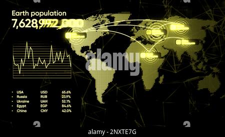 Graphic map of world with changing numbers. Motion. 3D world map with ...