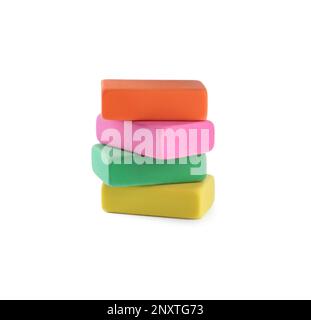 Stack of bright erasers on white background Stock Photo - Alamy