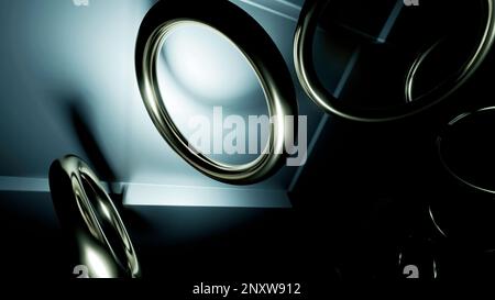 Abstract flying and spinning metal gold rings background. Design ...