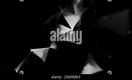 Monochrome plexus triangles creating transforming figure. Motion. Black and white transparent ...