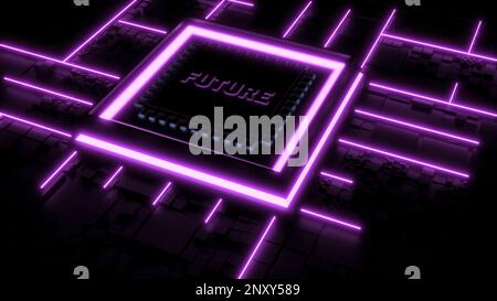 3d chip with neon nets. Design. 3D chip runs computer's software ...