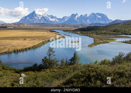 Serrano River, golden pampas and snowy mountains of Torres del Paine ...
